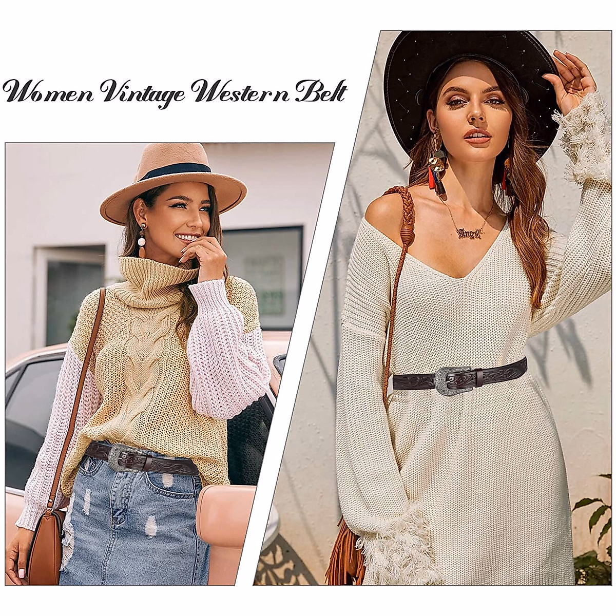 Ssumday Western Cowboy Coffee Style Leather Belts for Women Female Girl Ladies Men Cowgirl Belt Jeans Pants with Vintage Silver Buckle(ZYHCO-L)