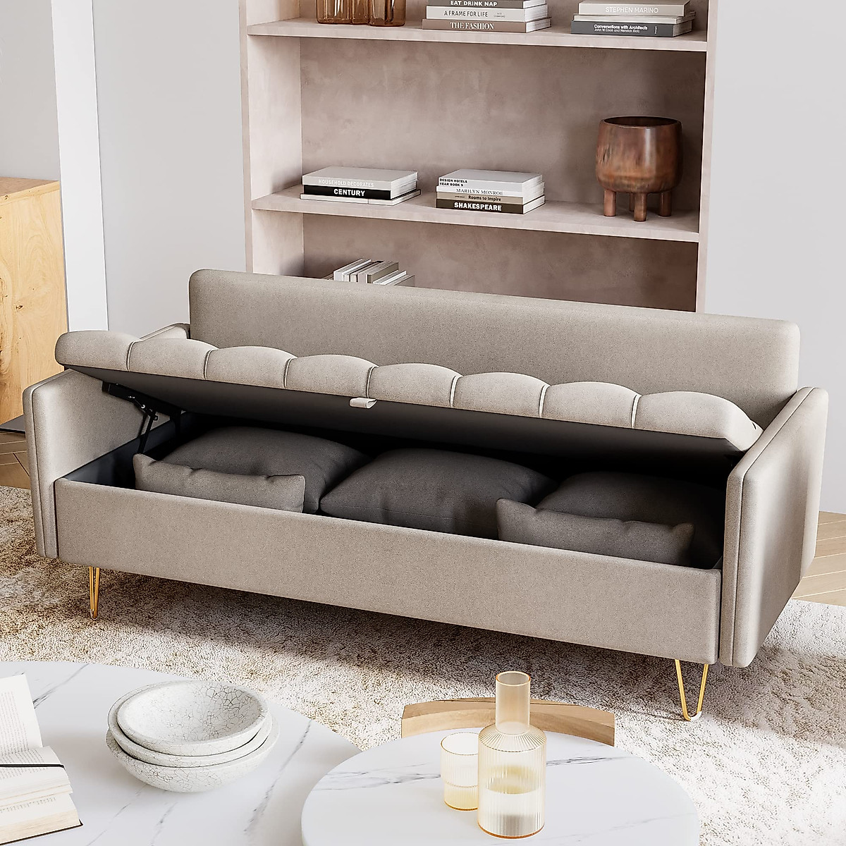 Senfot Sofa Couch Faux Leather 60" W Sofas with Lift-Up Storage and Comfortable Hand Stitched, Pillows, Modern Design with Button Tufted and Gold Metal Legs in Beige