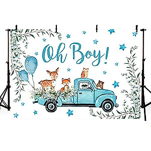 ABLIN 7x5ft Boy Baby Shower Woodland Theme Party Backdrop Oh Boy Blue Truck Balloons Green Leaves Cute Sika Deer Owl Fox Bear Photo Background Gender Reveal Party Decorations Props