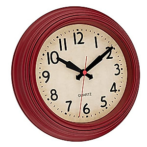 Foxtop Retro Wall Clock 9 Inch Silent Non-Ticking Small Battery Operated Red Wall Clock Vintage Classic Decorative Clock for Office Bedroom Kitchen Living Room Home