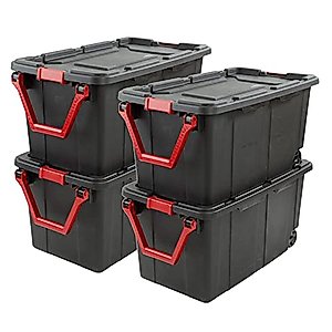 Sterilite 40 Gal Wheeled Industrial Tote, Stackable Storage Bin with Latch Lid, Plastic Container with Heavy Duty Latches, Black Base and Lid, 4-Pack