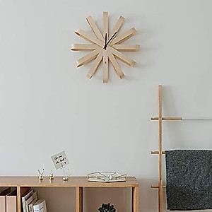 Umbra Ribbonwood Large Modern Wall Clock, Battery Operated, Silent, Non Ticking, Unique, 20" Diameter x 4” Width x 20" Height, Natural
