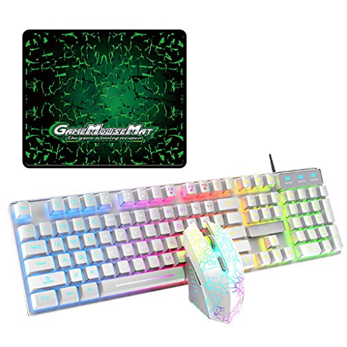 MAOSUO T6RGB Luminous Wired Gaming Keyboard and Mouse Set with Large Mouse Pad USB Colorful Backlit Easy-to-Operate Mechanical Feel Keyboard Accessories Kit for Laptop Computer Gamer Work