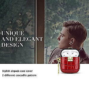 Case Cover for AirPods, YMSMY Genuine Leather AirPods 2 Case AirPods 1 Case with Stainless Steel Gold Buckle, High-end Crocodile Pattern AirPods 1&2 Case (Red)