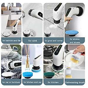 Electric Spin Scrubber, Cordless Bath Tub Power Scrubber with Long Handle & 7 Replaceable Heads, Detachable as Short Handle, Shower Cleaning Brush Household Tools for Bathroom & Tile Floor(White)