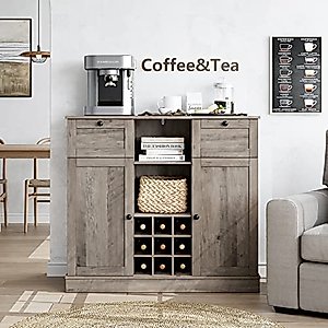 HOSTACK Buffet Sideboard Cabinet, Wine Bar Cabinet with Drawers and Removable Wine Rack, Coffee Bar Storage Cabinet with Shelves for Kitchen, Dining Room, Living Room, Ash Grey