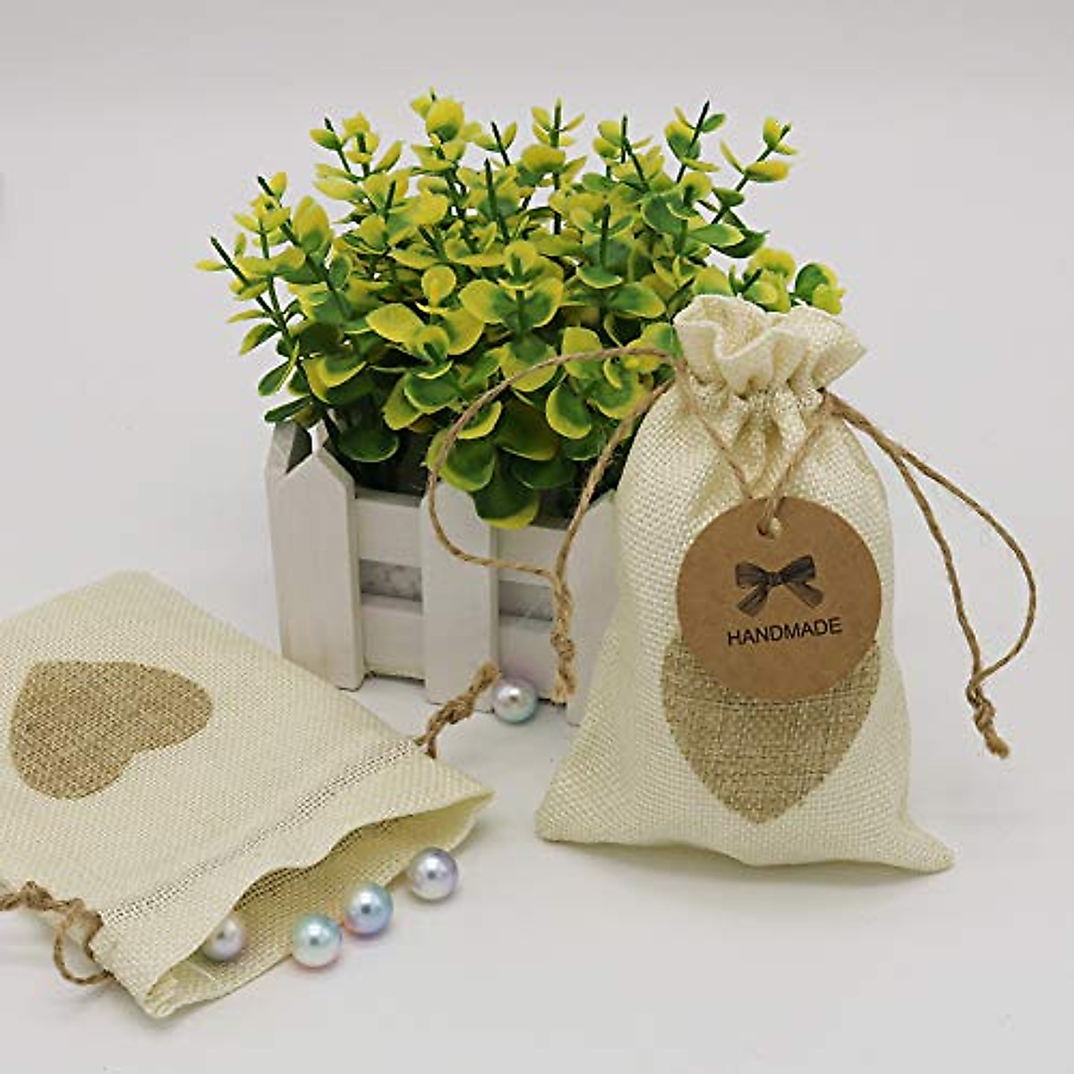HRX Package Small Burlap Heart Gift Bags with Drawstring, 20pcs Jute Cloth Favor Pouches for Wedding Shower Party Christmas Valentine's Day DIY Craft (3.9 x 5.7 inches)