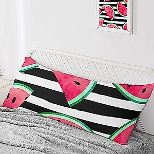Body Pillow Cover with Zipper Closure, Super Soft and Cozy Body Pillow Case Cover Luxury Long Body Pillowcase Tropical Fruit Watermelon Pink Summer Stripe Black and White Background 20 x 54 Inches