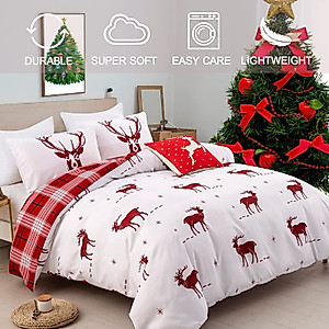 Christmas Duvet Cover Set Queen, 3 Pieces Reversible Red Plaid Reindeer Snowflake Bedding Set with 2 Pillowcases, Soft Microfiber Holiday New Year Bedding Gifts Queen 90”X90”(Not Comforter)
