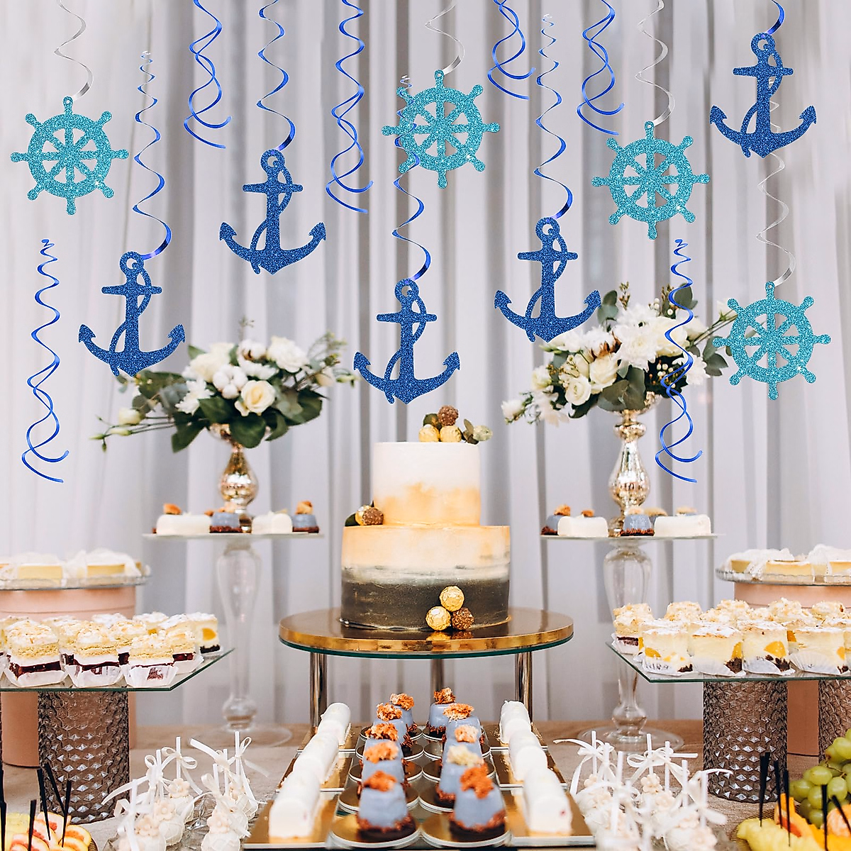 Maicaiffe Nautical Hanging Swirl Decorations - Glitter 15 Pcs Ship Anchor Baby Shower Party Supplies - Wedding - Engagement - Birthday Streamers - Nautical Sailor Party Foil Swirls Ceiling Decorations