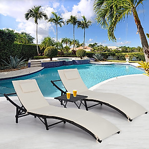 PayLessHere Patio Chaise Lounge Set of 3 Adjustable Back Outdoor Lounge Chair Folding Wicker Recliner Chair 2 Pieces Outside Chairs with Folding Table and Khaki Cushioned for Poolside Deck Lawn Beach