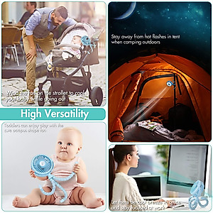 Stroller Fan, 2600mAh Battery Powered Personal Desk Air Circulator Fan with Flexible Tripod, Ultra Quiet 4 Speed 360° Rotatable USB Fan for Stroller Office Camping Hurricane Outage, Blue