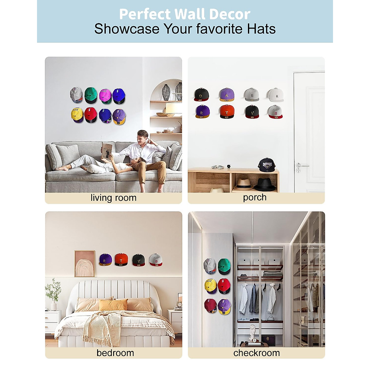 Adhesive Hat Hooks for Wall, Baseball Caps Strong Holdr, Ball Cap Hanger Wall Mount, Hat Display Rack, Hat Organizer Accessories, Clear 8-Pack