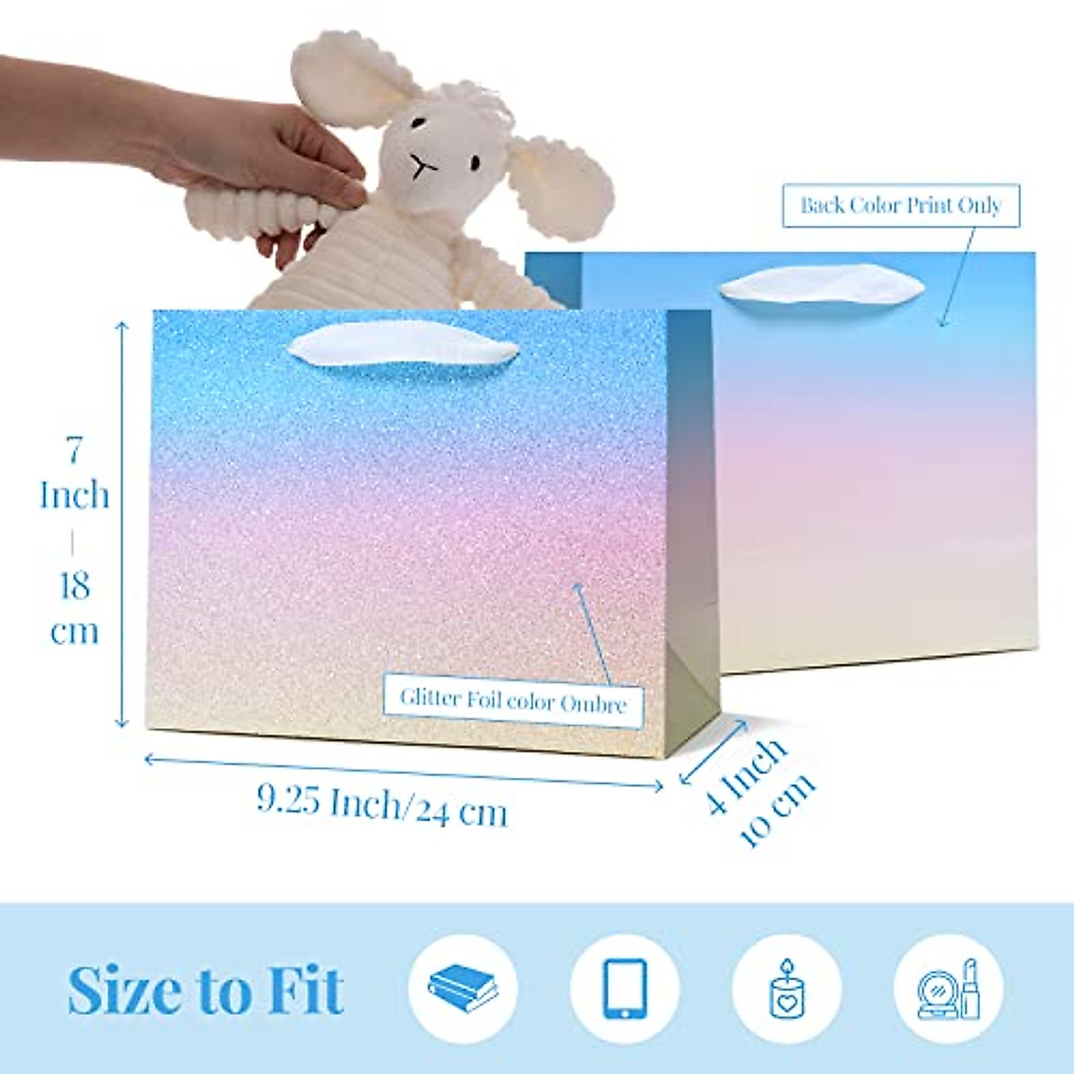 PAPER FAIR 12Pcs Ombre Blue Cream Gift Bags Bulk w/ 24 Tissue Paper, 9 x 7 In, Gradient Pastel Glitter Paper Gift Wrap Bag, Recyclable Gift Packaging for Christmas Birthday Father's Day Baby Shower Party Favor Décor