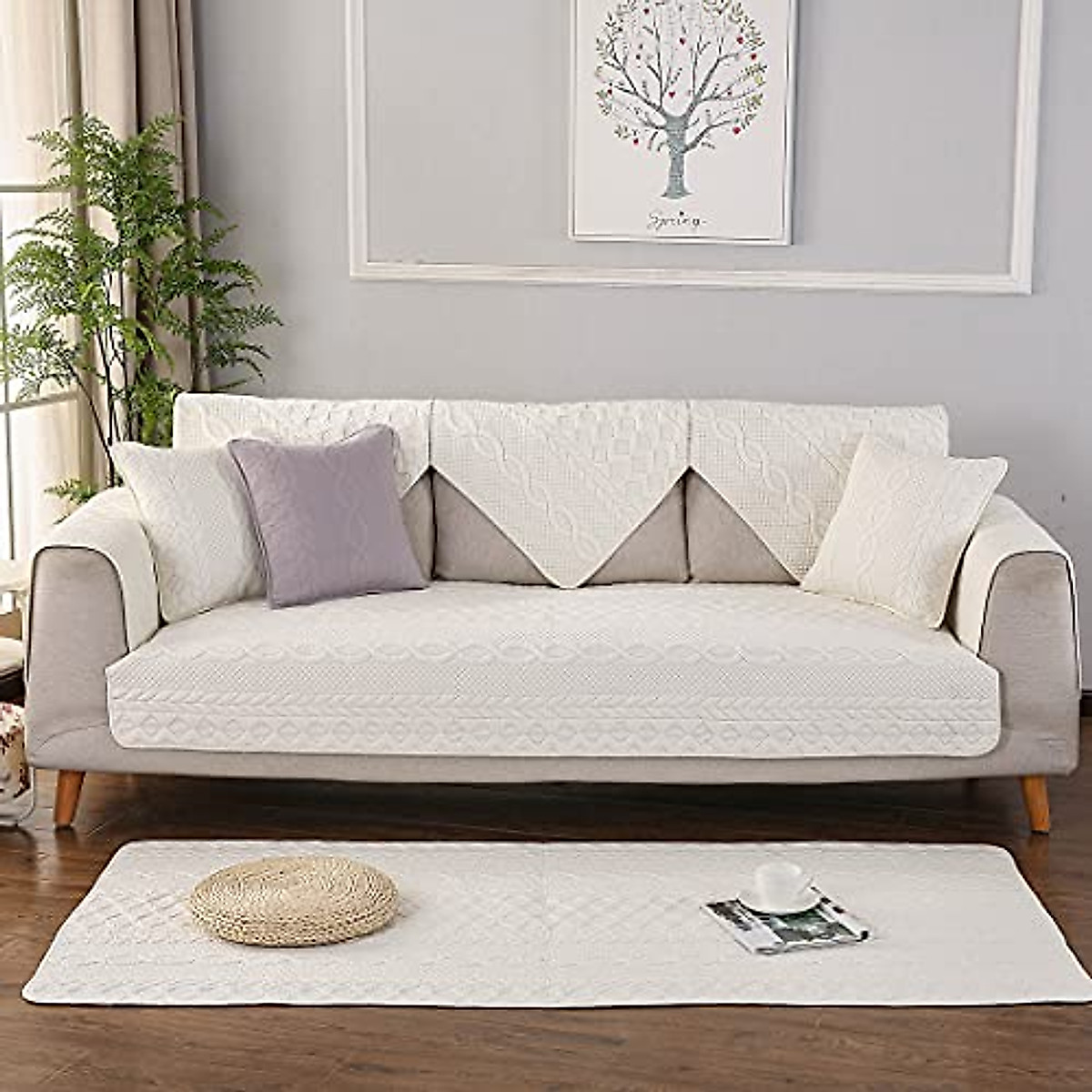 vctops Geometric Embroidery Cotton Couch Sofa Cover Farmhouse Sectional Couch Covers Sofa Slipcover for Dogs Cats Pet Love Seat Recliner Leather L Shaped, Armrest Backrest Cover (Cream,28"x82")