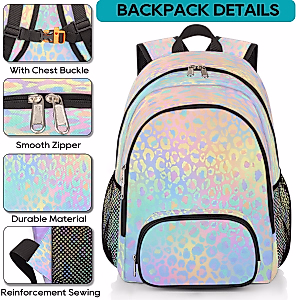 Pardick Leopard Print School Backpacks for Girls Boys Teens Students - Rainbow Leopard Print Stylish College Schoolbag Book Bag - Water Resistant Travel Backpacks for Women Men