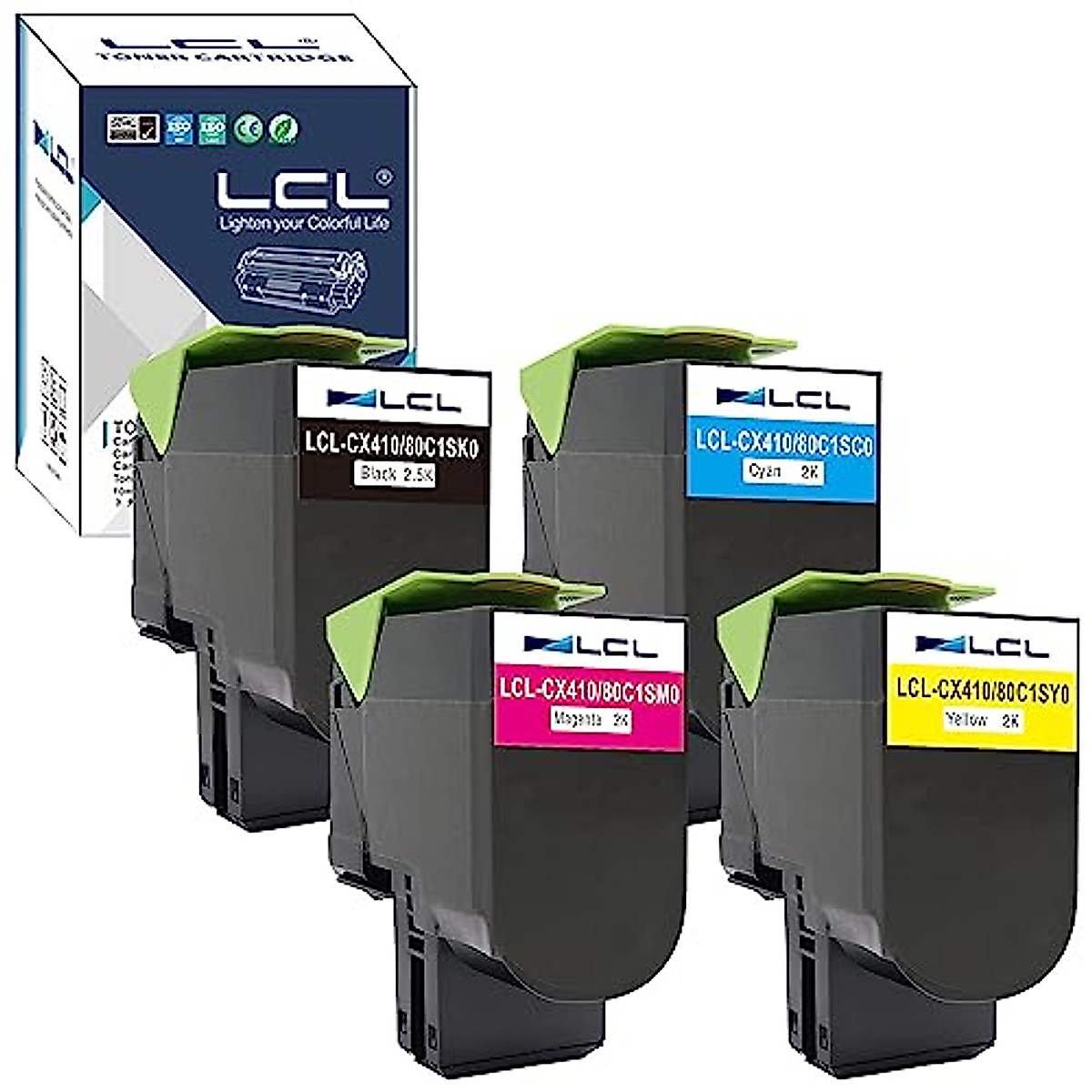 LCL Compatible Toner Cartridge Replacement for Lexmark 80C1SK0 80C10K0 801SK 801K 80C1SC0 80C10C0 801SC 801C 80C1SM0 80C10M0 801SM 801M 80C1SY0 80C10Y0 801SY 801Y CX310 CX310n (4-Pack K C M Y)