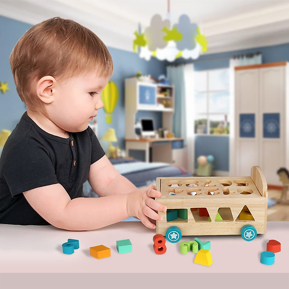 Classic Wooden Toddler Toy Age 2-4 Pulling Bus 123 Number Learning Shape Puzzle Sorting Match Game Montessori Sensory Material for Kids