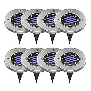 Elite 8LED Solar Ground Light Stainless Steel for Lawn,Garden,Pathway Drive Way IP65 Waterproof 8 Pack