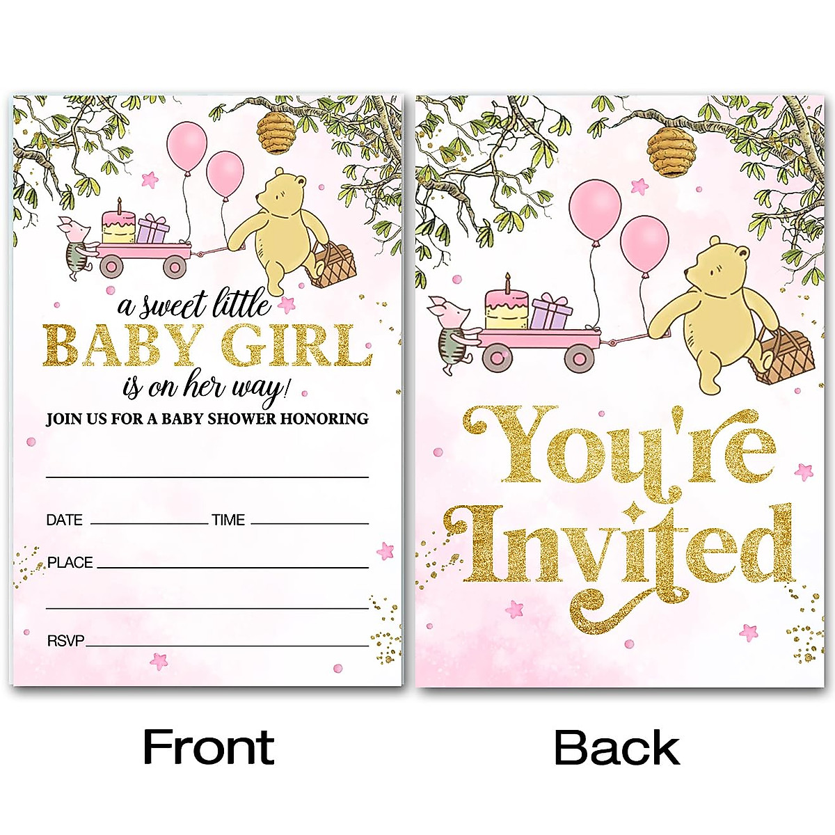 brayqu Winnie the Pooh Girl Baby Shower Party Invitations Pink Baby Shower Girl Party Invites (20 Cards with Envelopes)