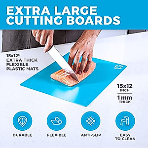 Extra Thick Flexible Plastic Cutting Board Mats With Food Icons & "EZ-Grip" Waffle Back, (Set of 4) - Chopping Board Set - Textured Waffle Grip Bottom Prevents Slipping On Most Counter Tops