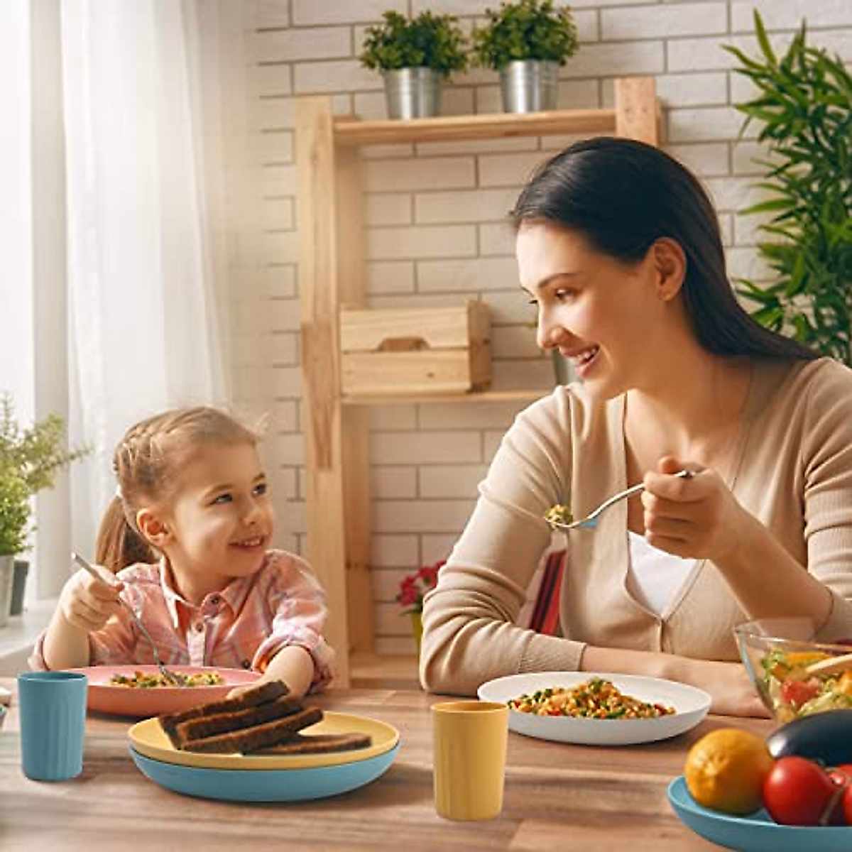 KAMJUNTAR Wheat Straw Dinnerware Sets For 6(72pcs), Unbreakable Microwave Safe Reusable Wheat Straw Plates and Bowls Sets Eco Friendly,Dishwasher Safe,Wheat Straw Plates,Wheat Straw Bowls