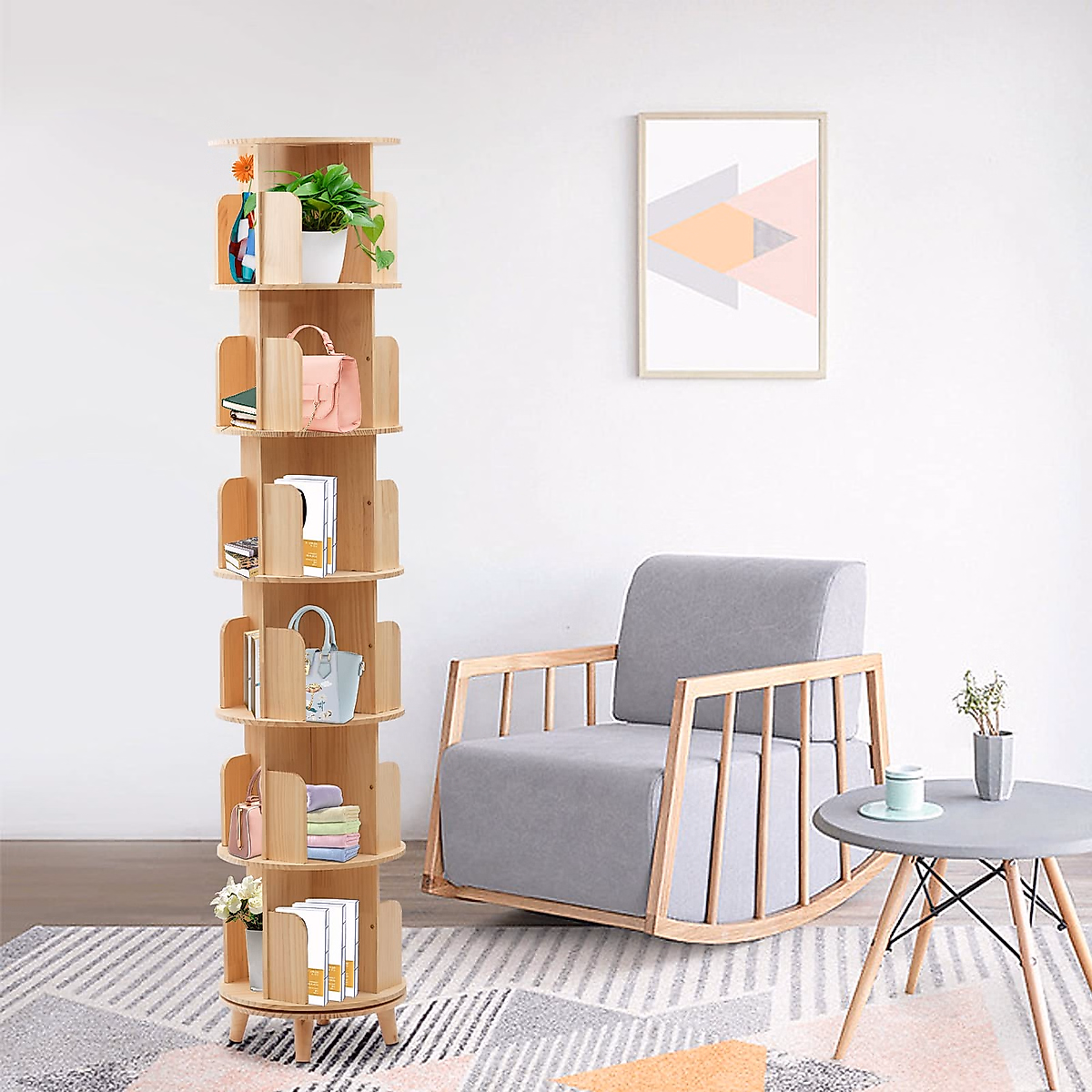 PAREKS 6 Tiers Rotating Bookshelf 360 Display Floor Standing Bookcase Storage Rack for Kids&Adults Multi-Functional Bookshelf Organizer/2444