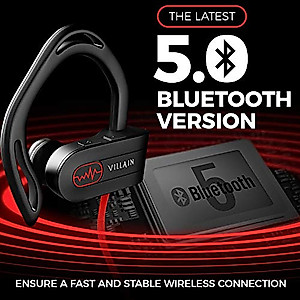 Villain Sport Headphones | Running Headphones | Workout Headphones | Gym Headphones | Wireless Bluetooth Earbuds IPX7 HiFi HD Sound with Thumping Bass