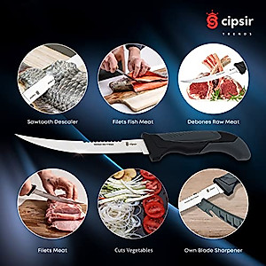Meat and fish Fillet Knife - Curved salty water resistant german steel 7 inch blade with sheath, sharpener and gift box, ideal for filleting and deboning indoor or outdoor.