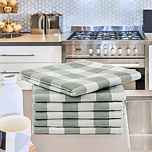 PiccoCasa 100% Cotton Dishcloths Set of 6, 13 x 13 Inch, Soft Absorbent Drying Kitchen Washcloths, Plaid Gingham with Hang Loop - Green