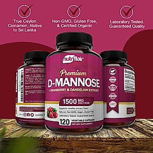 NutriFlair D-Mannose 1200mg, 120 Capsules - with Cranberry and Dandelion Extract - Natural Urinary Tract Health UTI Support - Best D Mannose Powder - Flush Impurities, Detox Body, for Women and Men