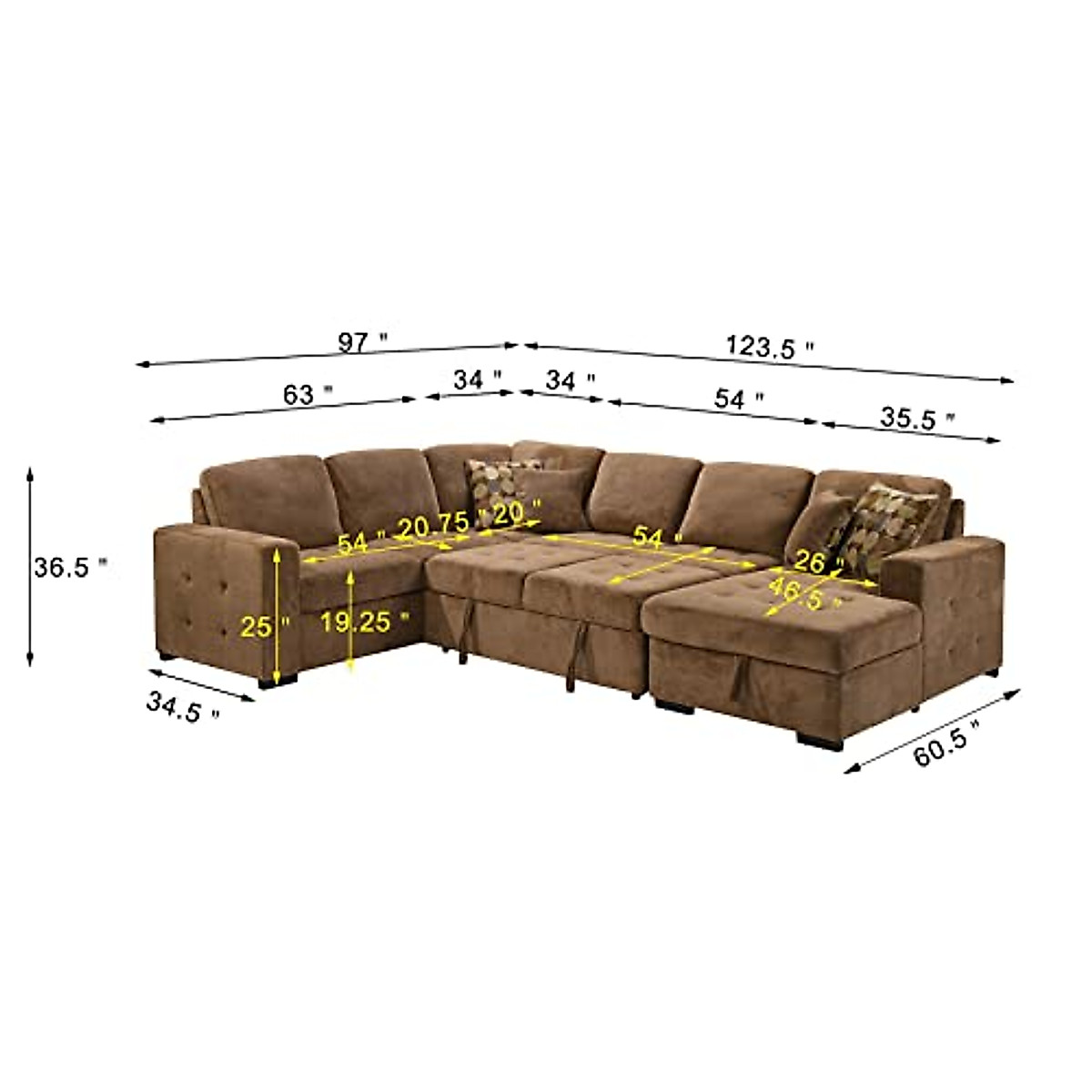 U-Shaped Oversized Polyester Sectional Sofa with Pull Out Sleeper Couch Bed & Storage Chaise Lounge, King Functional Sofá w/ 4 Pillows for Large Flat Mansion Villa Living Room Furniture Sets, Brown