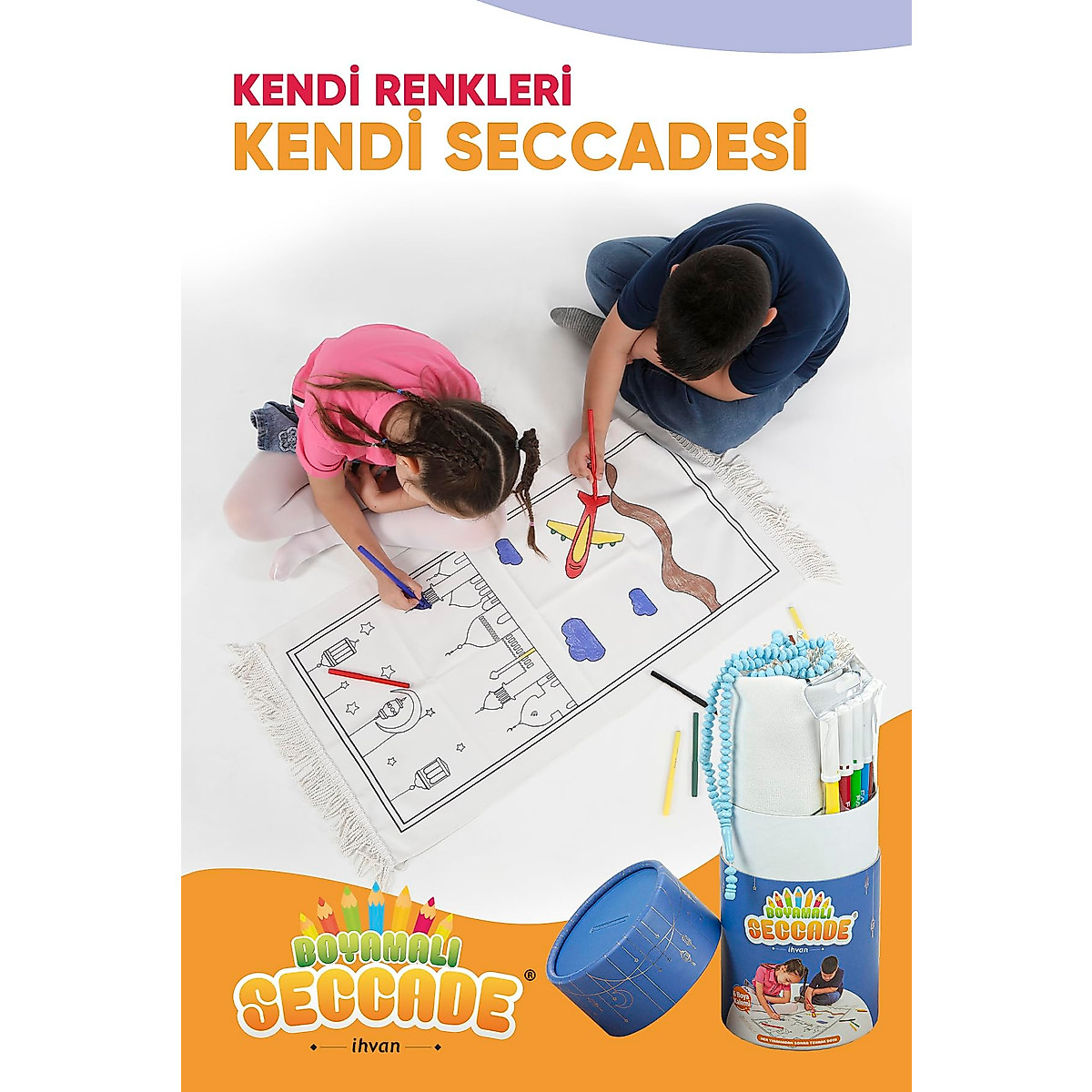 ihvan online, Kids Prayer Mat, Washable Painted Prayer Rug for Kids, Colourful Marker, Muslim Prayer Mala Beads, Soft Salah Travel Mat Carpet, Perfect Islamic Gifts for Kids, Blue