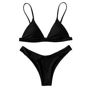 SOLY HUX Bikini Sets for Women Sexy Triangle High Cut Bikini Bathing Suits 2 Piece Swimsuit Solid Black L