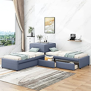CITYLIGHT Upholstered L-Shaped 2 Twin Beds with Trundle and Storage Drawers, Wood Linen Corner Bed Linked with Built-in Flip Desk for Kids Girls Boys Teens Bedroom, Gray