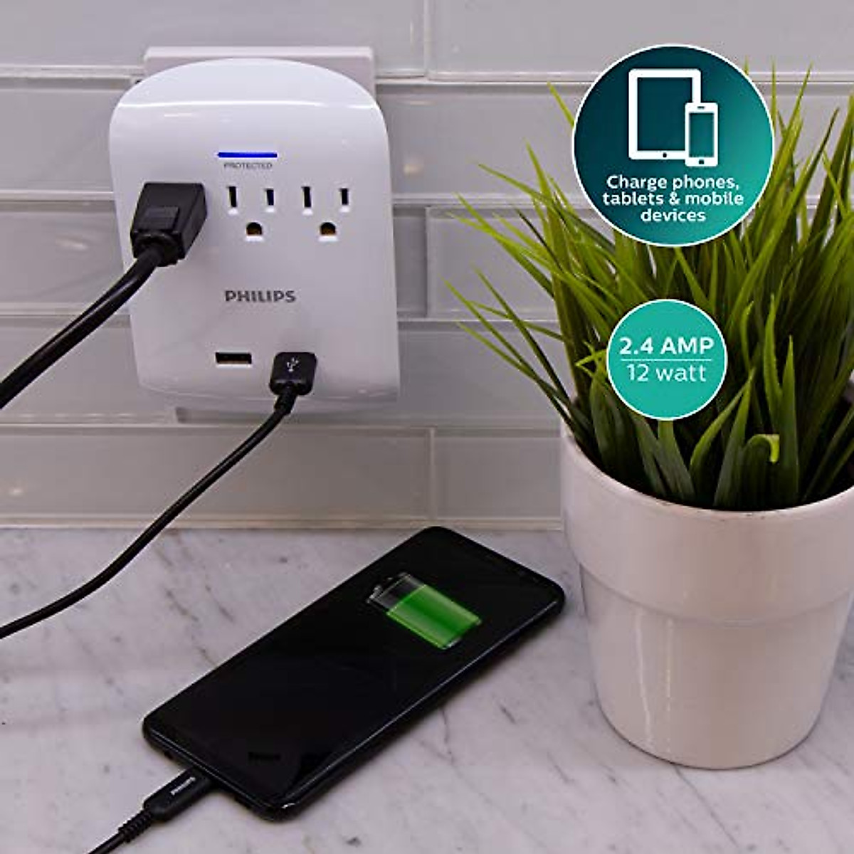 Philips 3-Outlet Extender with 2-USB Port Surge Protector, Charging Station, 900 Joules, Grounded Power Adapter, Indicator Light, 3-Prong, 2.4 AMP/12 Watt, ETL Listed, White, SPP6233WB/37