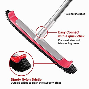 Heavy Duty Swimming Pool Wall & Tile Brush,Reinforced Aluminium Back Design,Nylon Bristles Brush Head with EZ Clips(Pole not Included) Red