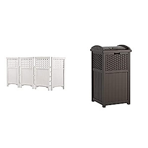 Suncast 4 Panel Reversible Outdoor Screen Enclosure, 44" (H) x 23" (W) per, White & 33 Gallon Hideaway Can Resin Outdoor Trash with Lid Use in Backyard, Deck, or Patio, 33-Gallon, Brown