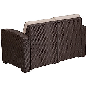 Flash Furniture Seneca Chocolate Brown Faux Rattan Loveseat with All-Weather Beige Cushions
