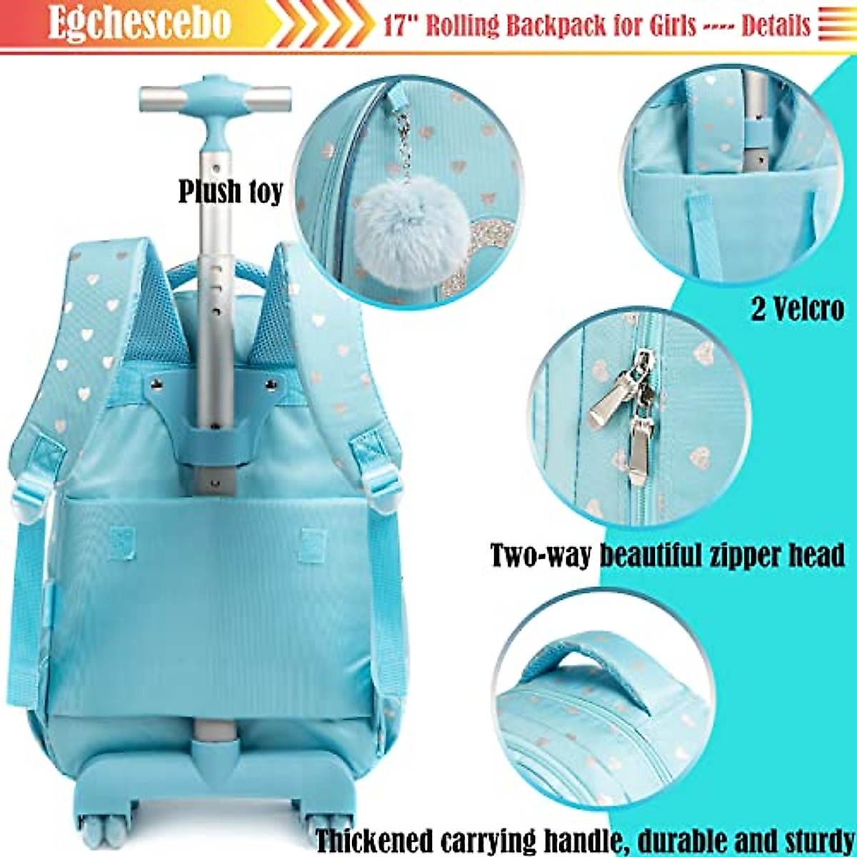 Egchescebo Kids Love Heart Rolling Backpack for Girls Suitcases Trolley Backpacks with Wheels Roller Luggage on Wheels with Lunch Box Pencil Case for Elementary Travel School Bag Blue