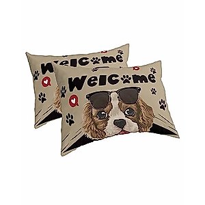 Edwiinsa Cute Love Heart Dog Pillow Covers Standard Size Set of 2 20x26 Bed Pillow, Black Paws Rustic Beige Welcome Plush Soft Comfort for Hair/Skin Cooling Pillowcases with Envelop Closure