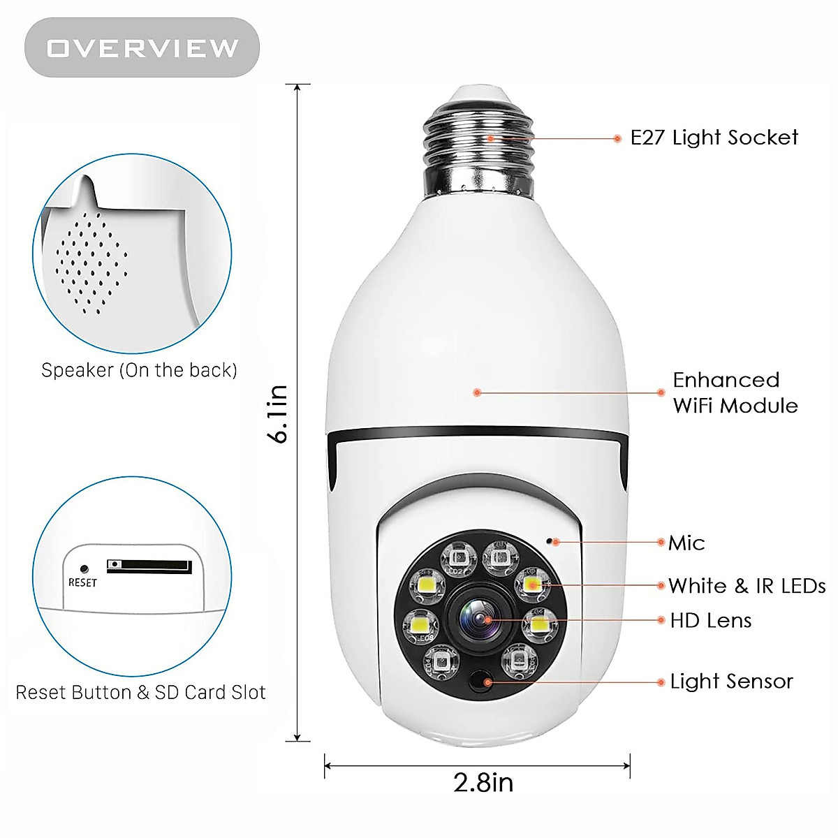 5G WiFi Light Bulb Camera, 2.4GHz & 5G 1080P E27 Light Bulb Home Security Camera, Indoor 360° PTZ Surveillace Cameras, Full Color Day and Night, Smart Motion Detection (Support 5G, 2 Pack) White