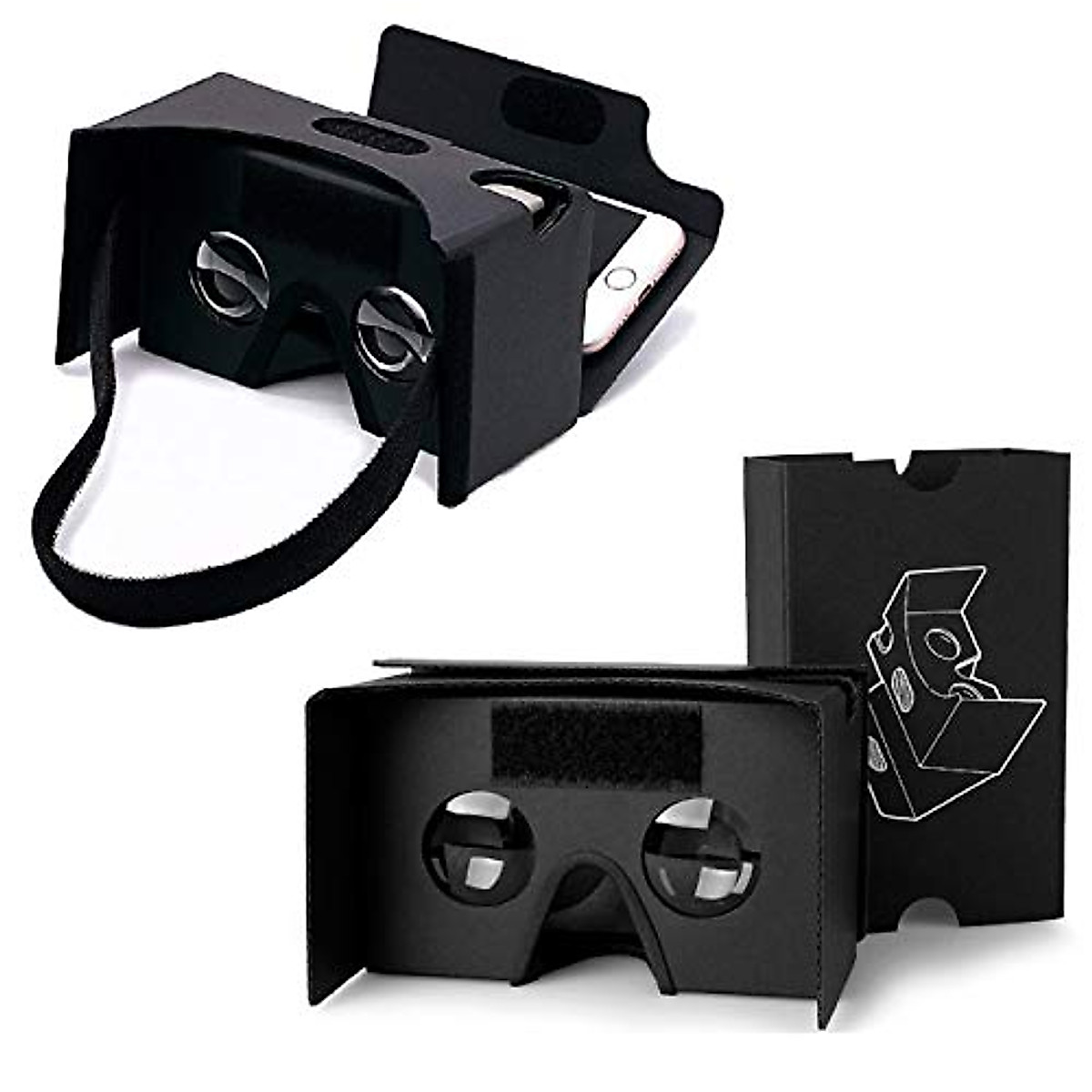 Multiple Complete Set of Google Cardboard V2 Version 2.0 (Latest 3rd Gen) Virtual Reality 3D VR Box - for All iPhone & Android Phone - Elastic Head Strap, Nose/Forehead pad & Sucker (2Pack, Black)