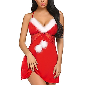 Avidlove Women Lace Modal Christmas Day Sleepwear Chemises V-Neck Full Slip Babydoll Nightgown Red
