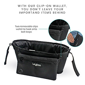 Lulyboo Universal Baby Stroller Organizer with Clip On Removable Wallet, Pockets for Drinks, Toys, Keys Gray/Black