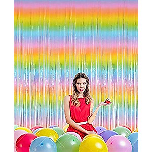 Shiny Rainbow Foil Fringe Curtain - 2pcs 3.2ft x 8.2ft Metallic Tinsel Rainbow Streamers for Photo Booth Backdrop Prop Birthday Wedding Bridal Shower Baby Shower Bachelorette Party Decorations