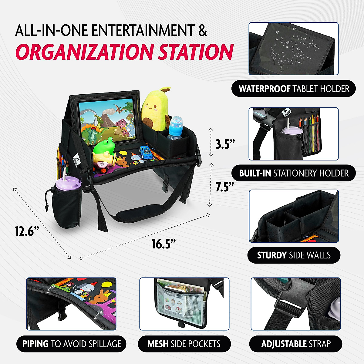 DMoose Kids Travel Tray, Toddler Car Seat Lap Activity Tray with Padded Comfort Base, Side Walls, Mesh Snack Pockets, Tablet Holder, Waterproof Car Seat, Stroller, Airplane Play and Learn Area (Black)