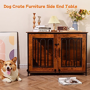 Dog Crate Furniture, 39.37" Double Doors Wooden Dog Kennel End Table, Indoor Dog House End Table Furniture Style for Small/Medium/Large Dogs Anti-Chew Crate,Retro Brown