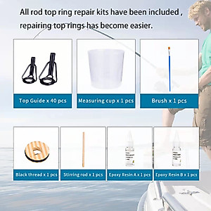 Hifisher Fishing Rod Tip Repair Kit: 40pcs 8 Sizes Top Guides,1oz Epoxy Resin, Brush, Measure Cup, Fishing Rod Guides Replacement kit, Stainless Steel Ceramic Ring Guide Tips