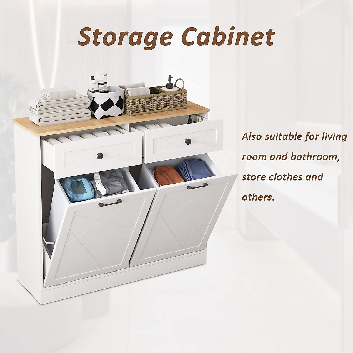 Vabches Trash Cabinet Double Trash Can, Dog Proof Tilt Out Trash Bin Holder, Hideaway Free Standing Recycling Cabinet with 2 Drawers for Kitchen Living Room White